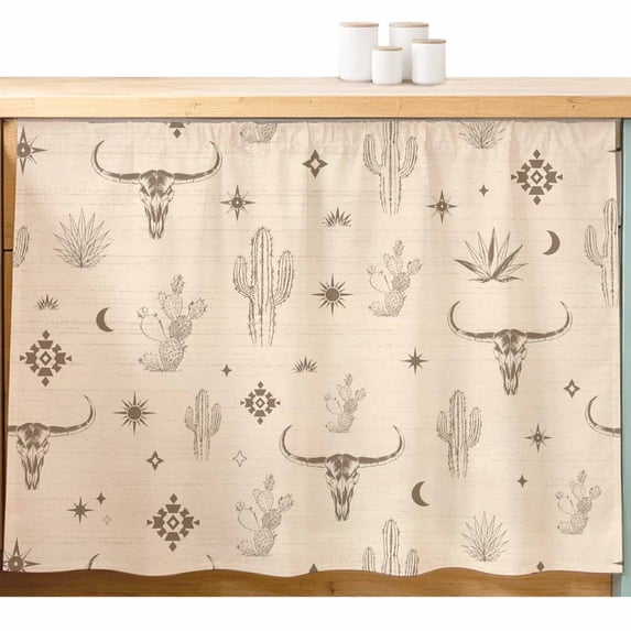 Bull Skull Cabinet Curtains 28"W x 35"L, Western Brown Longhorn Cactus ...
