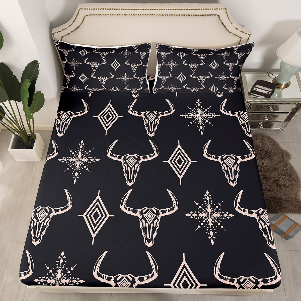 Bull Skull Fitted Sheet Full Western Boho Bed Sheets Aztec Tribal ...