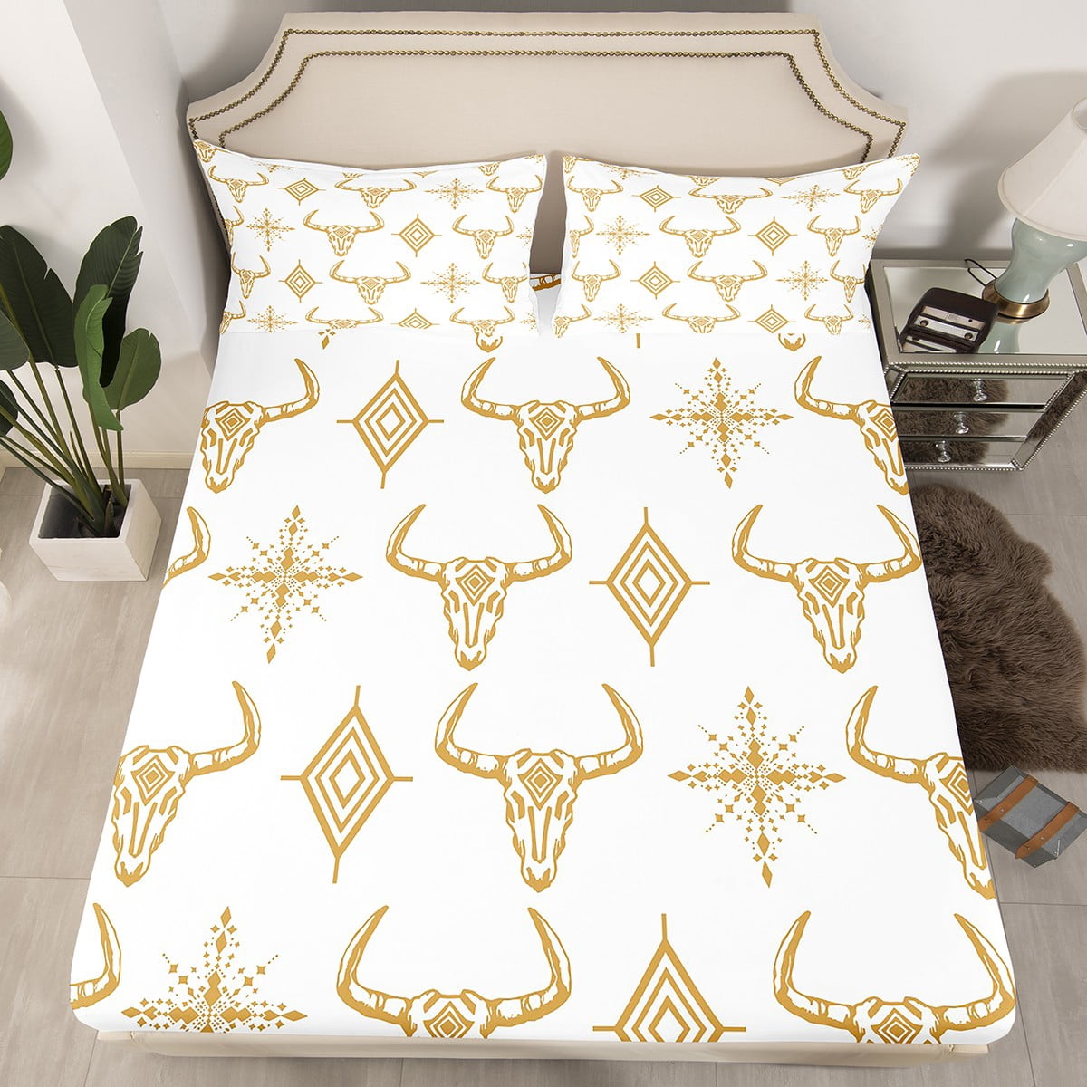 Bull Skull Fitted Sheet Twin Western Boho Bed Sheets For Adult Men ...