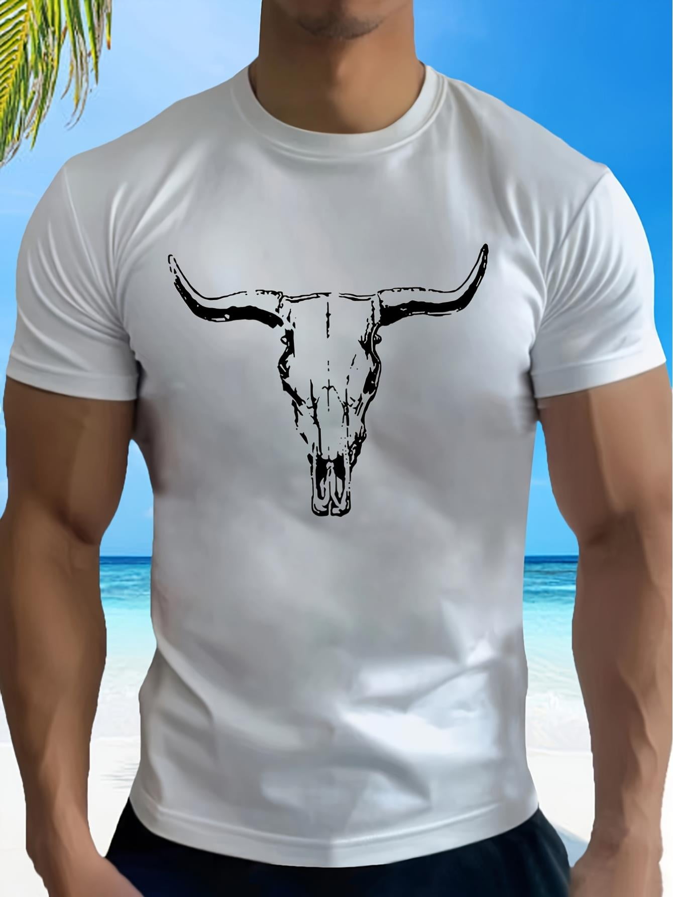 Bull Skull Print T Shirt, Tees For Men, Casual Short Sleeve T-shirt For ...