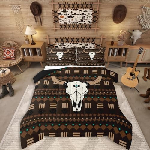 Bull Skull Queen Size Bedding Set, Boho Aztec Comforter Set for Boys ...