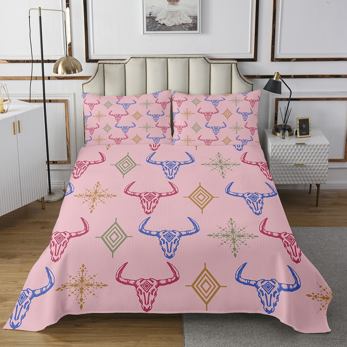 Bull Skull Quilt Set Queen Western Boho Bedspread Set For Teens Young ...