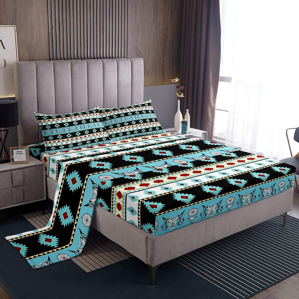 Bull Skull Sheet Set Native Tribal Feather Aztec Bed Sheets for Kids ...