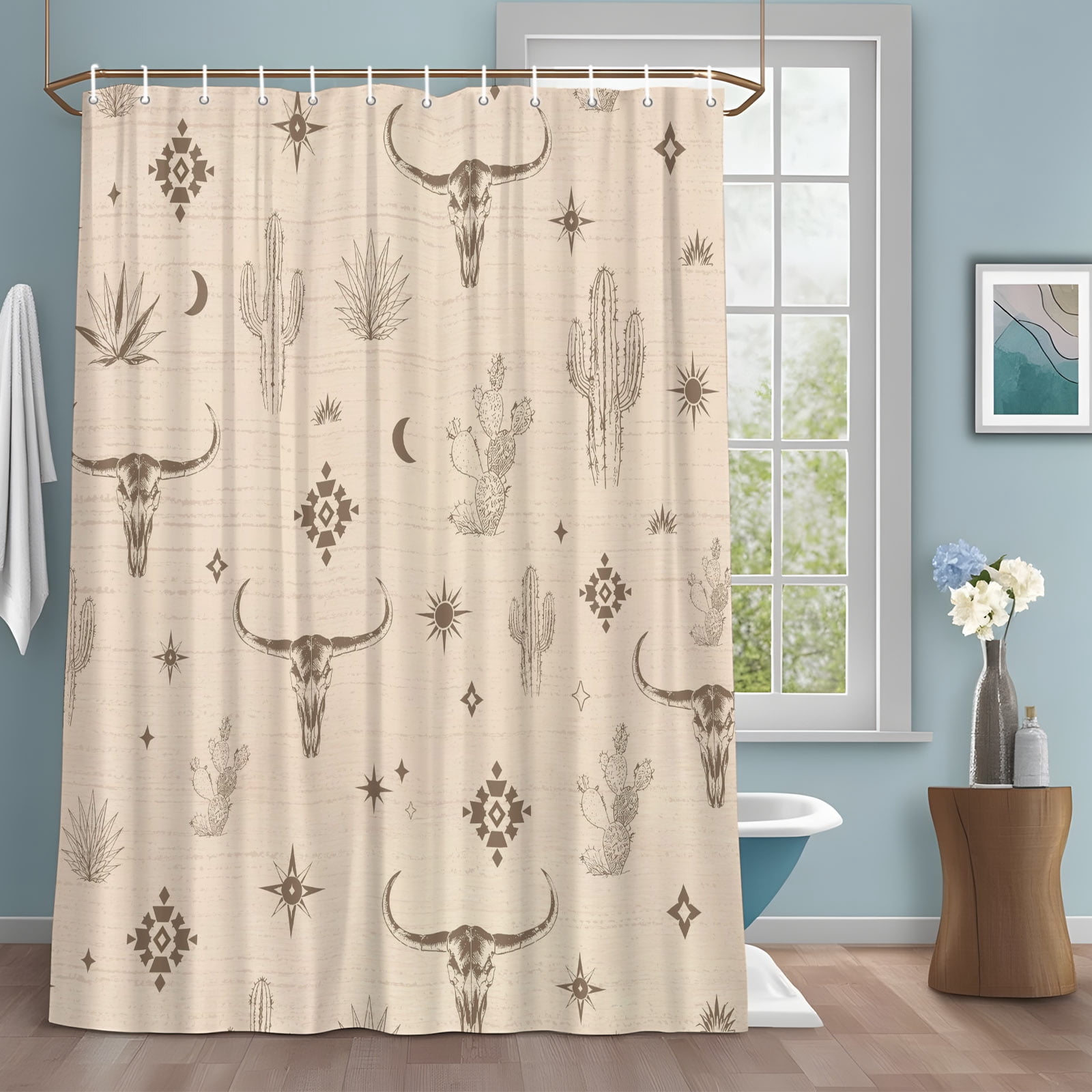 Bull Skull Shower Curtain Set with Hooks, Western Brown Longhorn Cactus ...