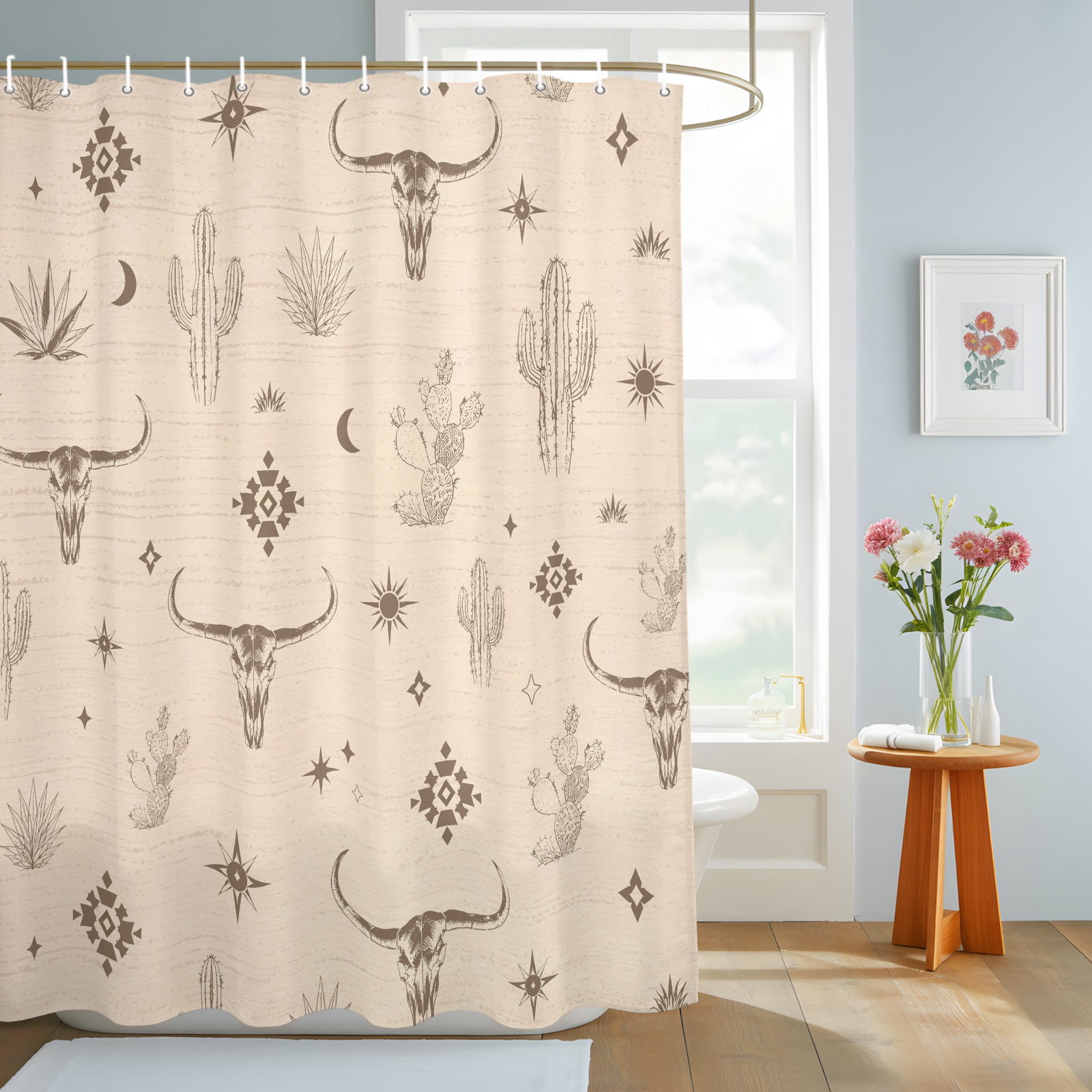 Bull Skull Shower Curtain, Western Brown Longhorn Cactus Crescent Moon ...