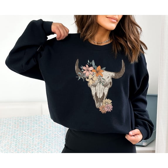 Bull Skull Sweatshirt Boho Cow Skull Design Western Fall Cottagecore ...