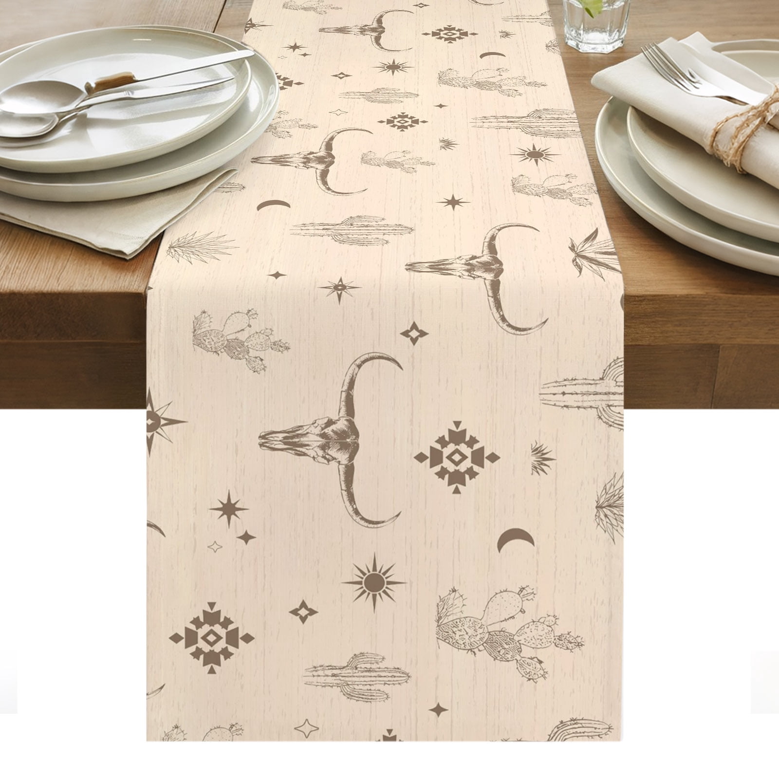 Bull Skull Table Runner, Western Brown Longhorn Cactus Crescent Moon ...
