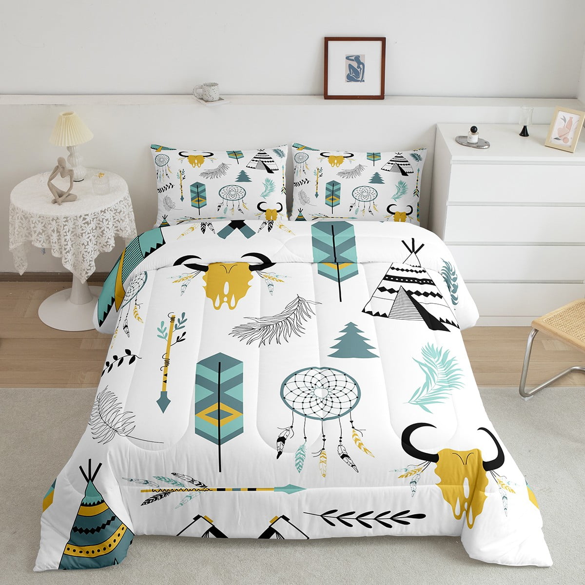 Bull Skull Western Bedding Set Exotic Dreamcatcher Quilt Ethnic Tribe