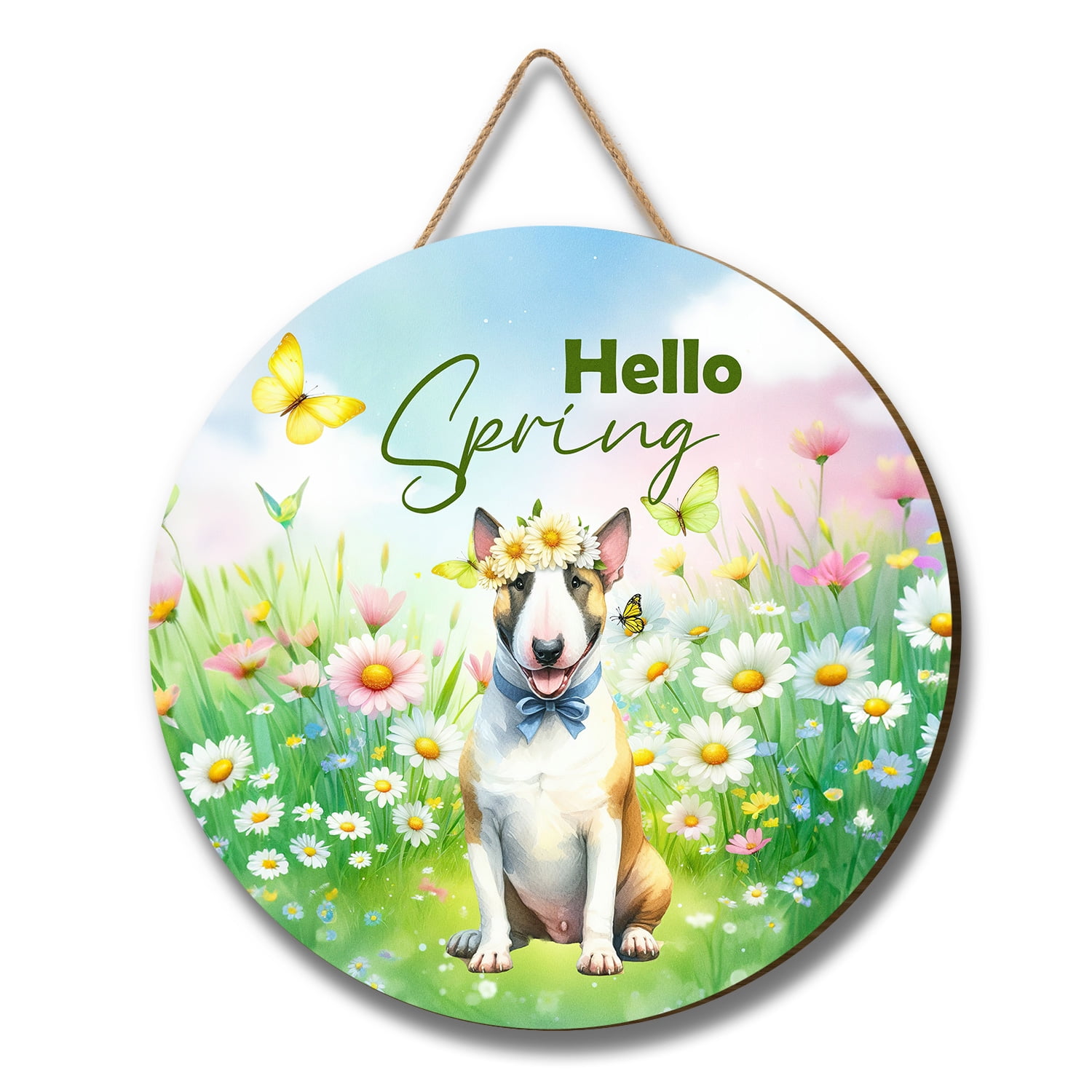 Bull Terrier Hello Spring Time Flower Floral Nature Round Wood Sign ...
