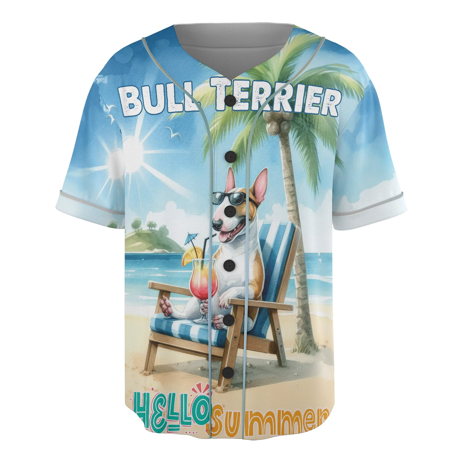 Bull Terrier Hello Summer Beach Theme with Sunglasses and Tropical ...