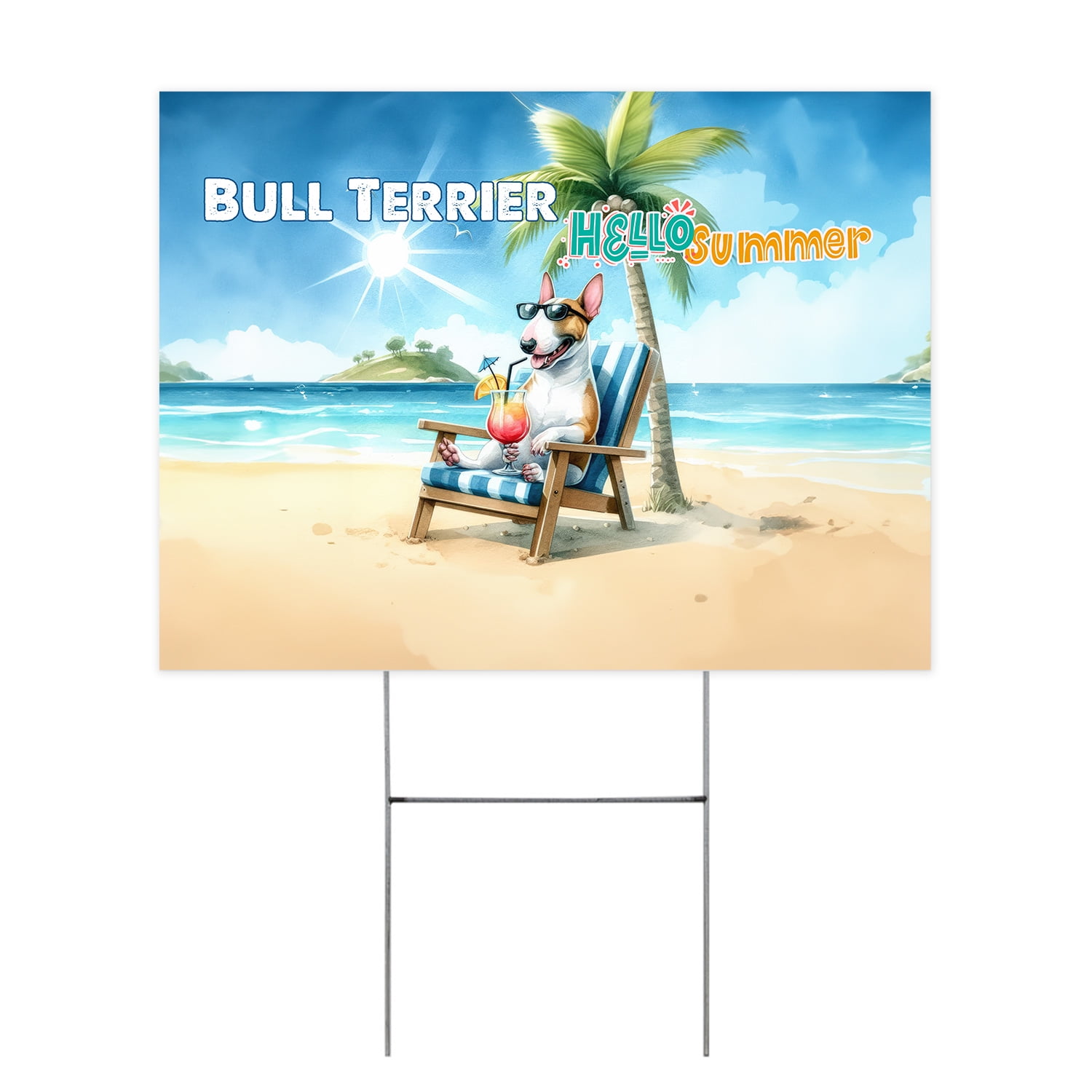 Bull Terrier Hello Summer Beach Theme with Sunglasses and Tropical ...