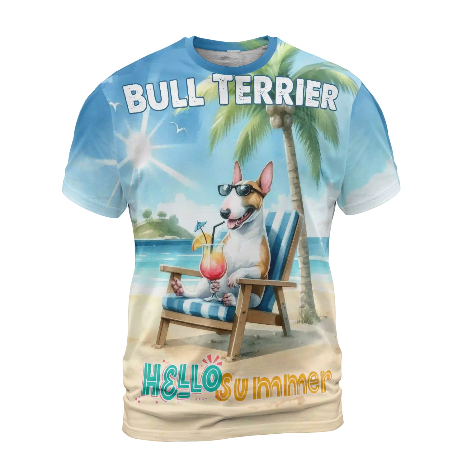 Bull Terrier Hello Summer Beach Theme with Sunglasses and Tropical ...