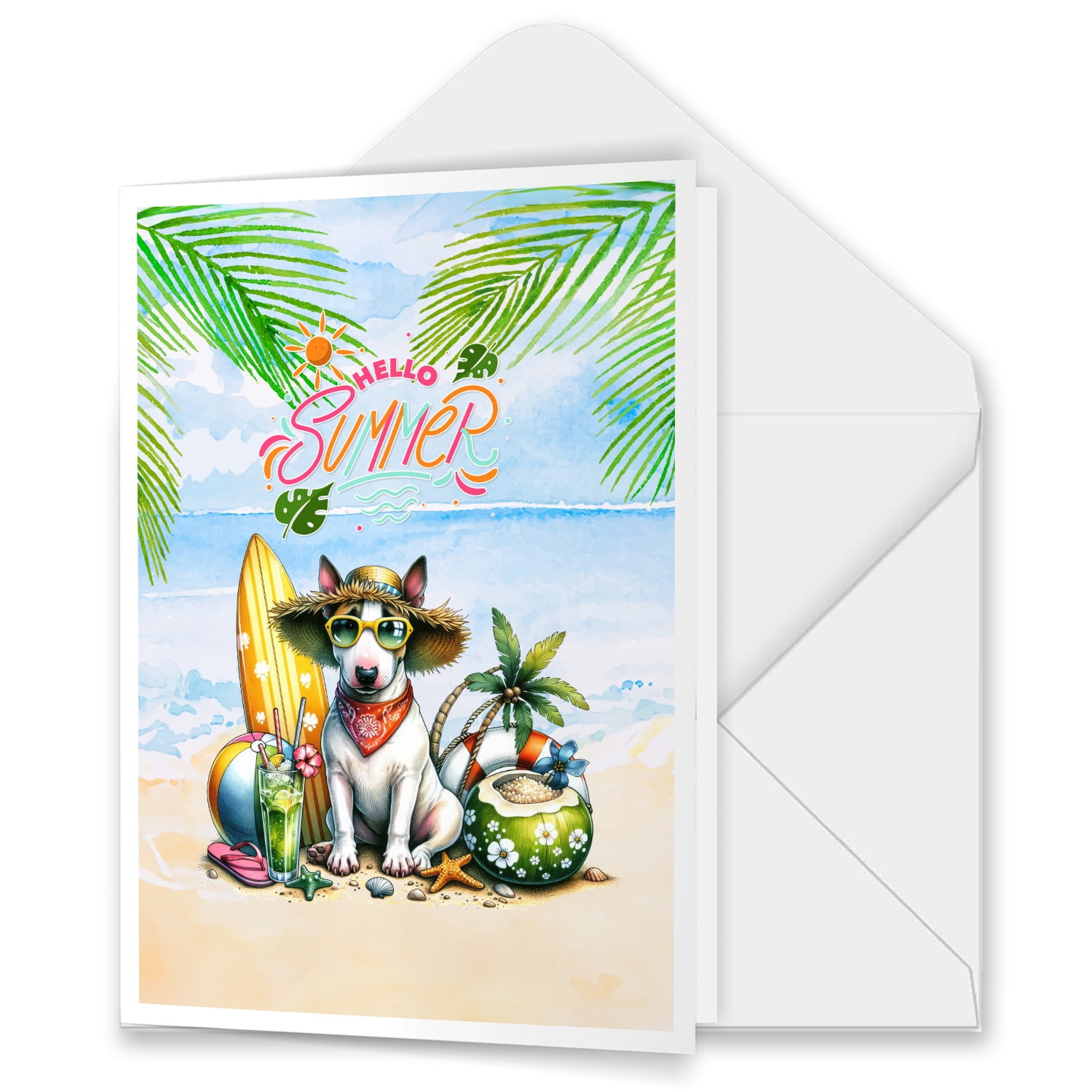 Bull Terrier Hello Summer with Sunglasses and Surfboard Tropical Vibes ...