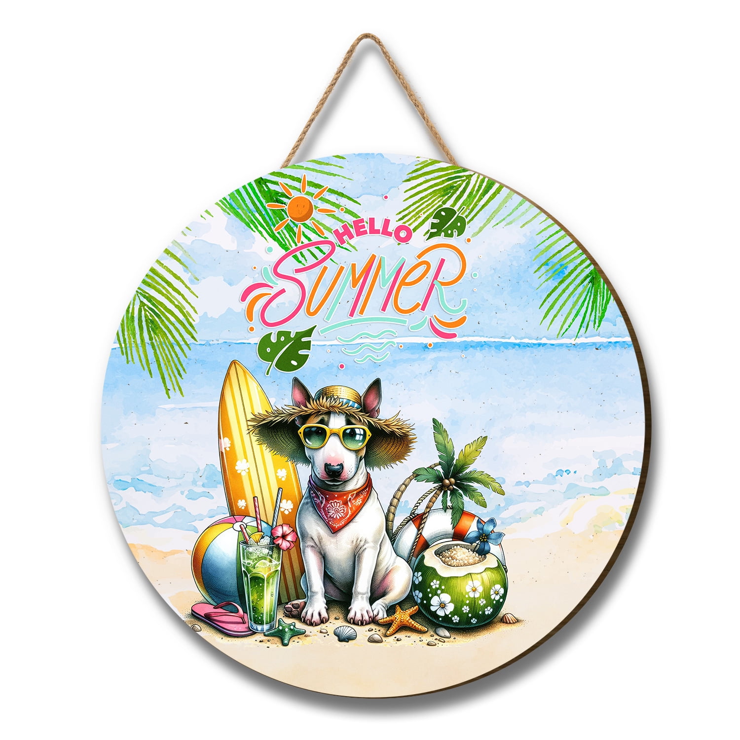 Bull Terrier Hello Summer with Sunglasses and Surfboard Tropical Vibes ...
