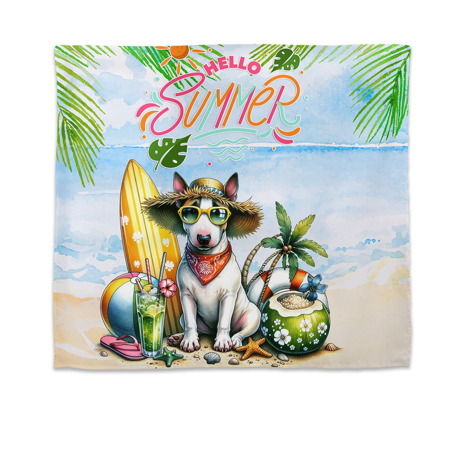 Bull Terrier Hello Summer with Sunglasses and Surfboard Tropical Vibes ...