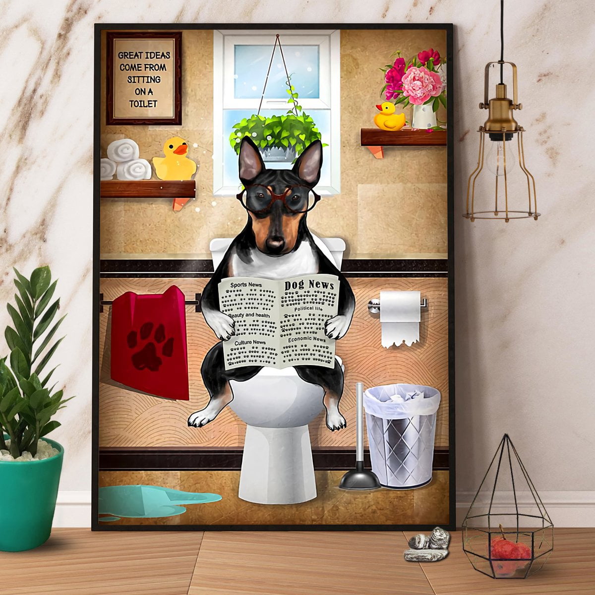 Bull Terrier Sitting On Toilet And Reading Newspaper Paper Poster No ...