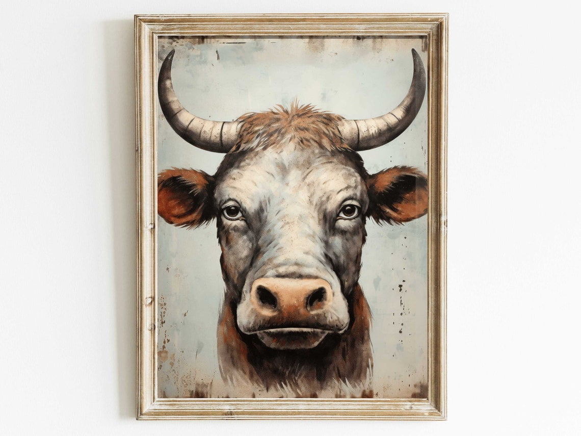 Bull Wall Art, Bull Portrait, Cow Wall Art, Rustic Farmhouse Decor, Country Home Decor, Farm ...