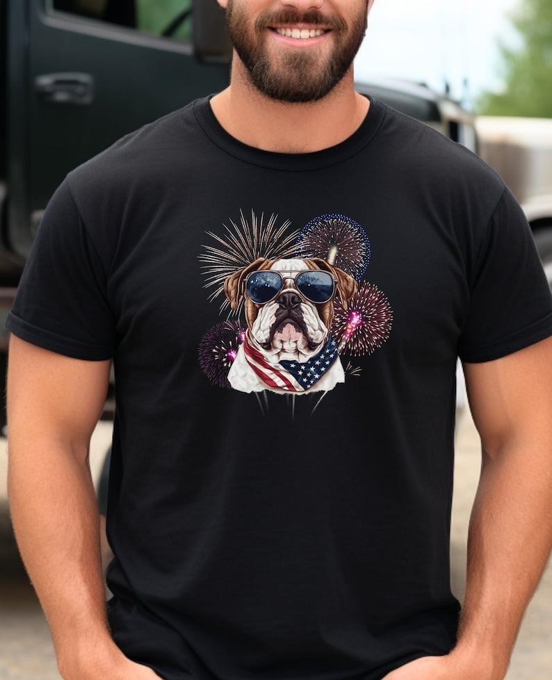 Bulldog 4th of July Shirt Patriotic Dog Tee with Fireworks and USA Flag ...