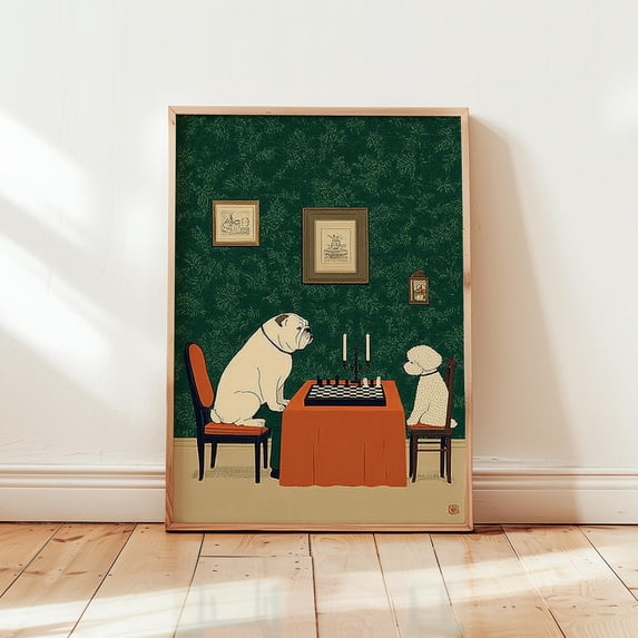 Bulldog And Poodle Chess Poster Whimsical Dogs Playing Chess Wall Art ...