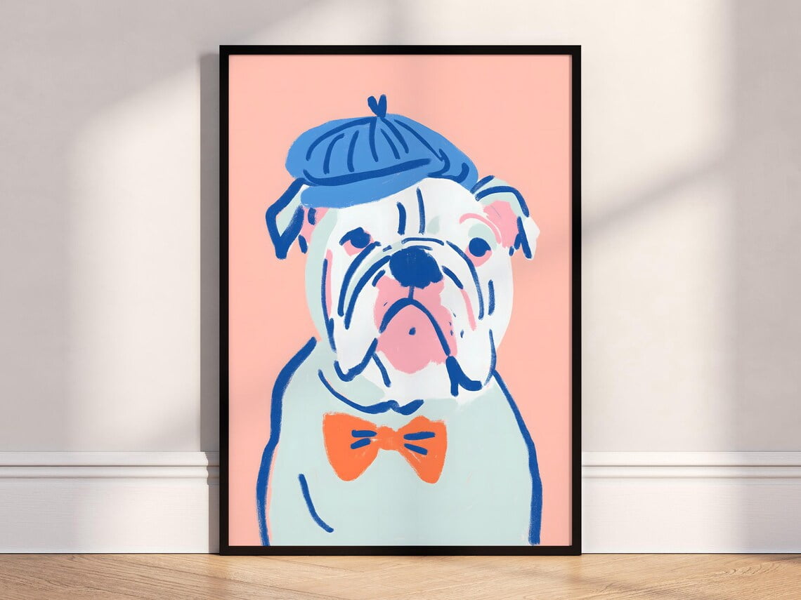 Bulldog Beret Portrait Dog Modern Animal Illustration, Unframed Canvas ...