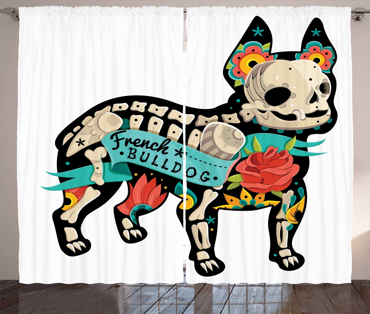 Ambesonne Bulldog Curtains 2 Panel Set, Gothic Skeleton Flowers, 108" x ...