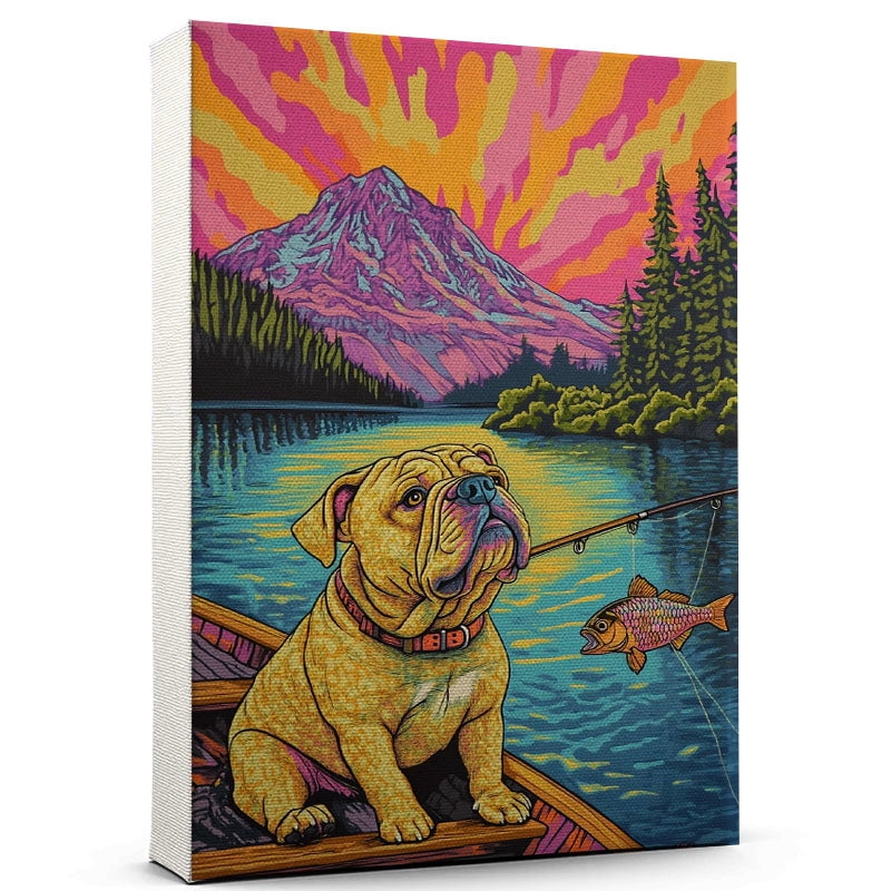 Bulldog Dog Fishing Art Canvas – Bulldog Dog Playing Fishing Wall Art ...