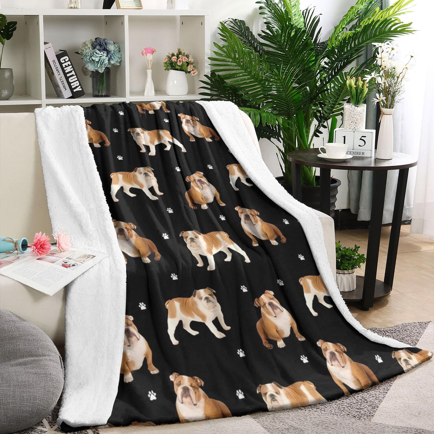 Bulldog Dog and Footprints Blanket,Comfortable Soft Lamb Wool Throw ...