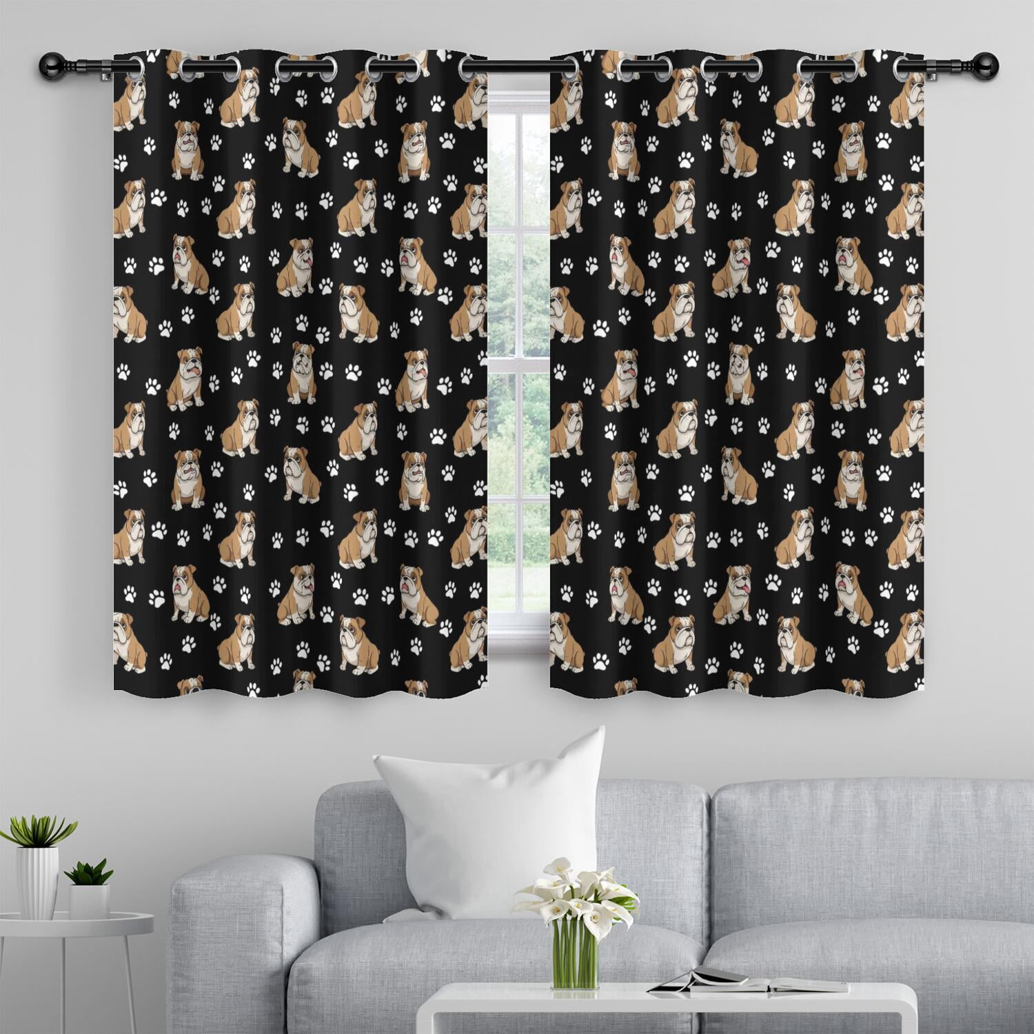 Bulldog and Dog Paw Print Black Pattern Blackout Curtains,Triple Weaved ...