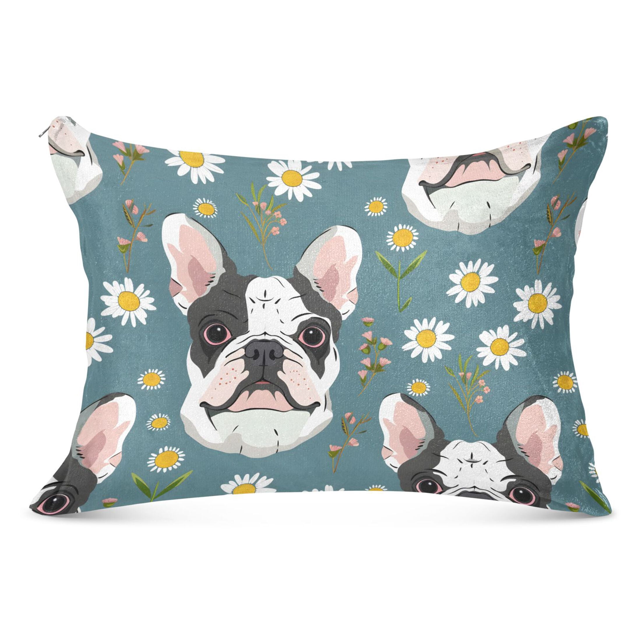 Bulldog Dog and Daisy Flower Plush Pillow Cases Standard Size Ultra ...