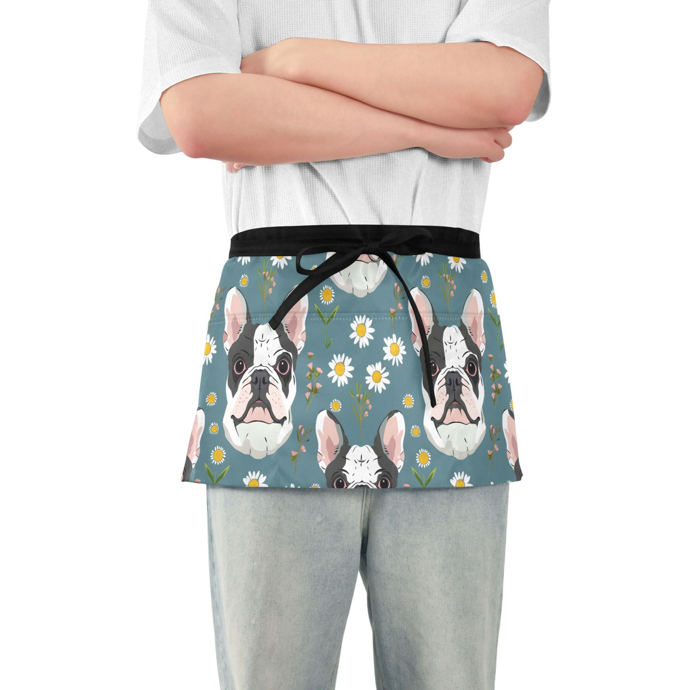 Bulldog Dog and Daisy Flower Server Apron with 3 Pockets Waterproof ...