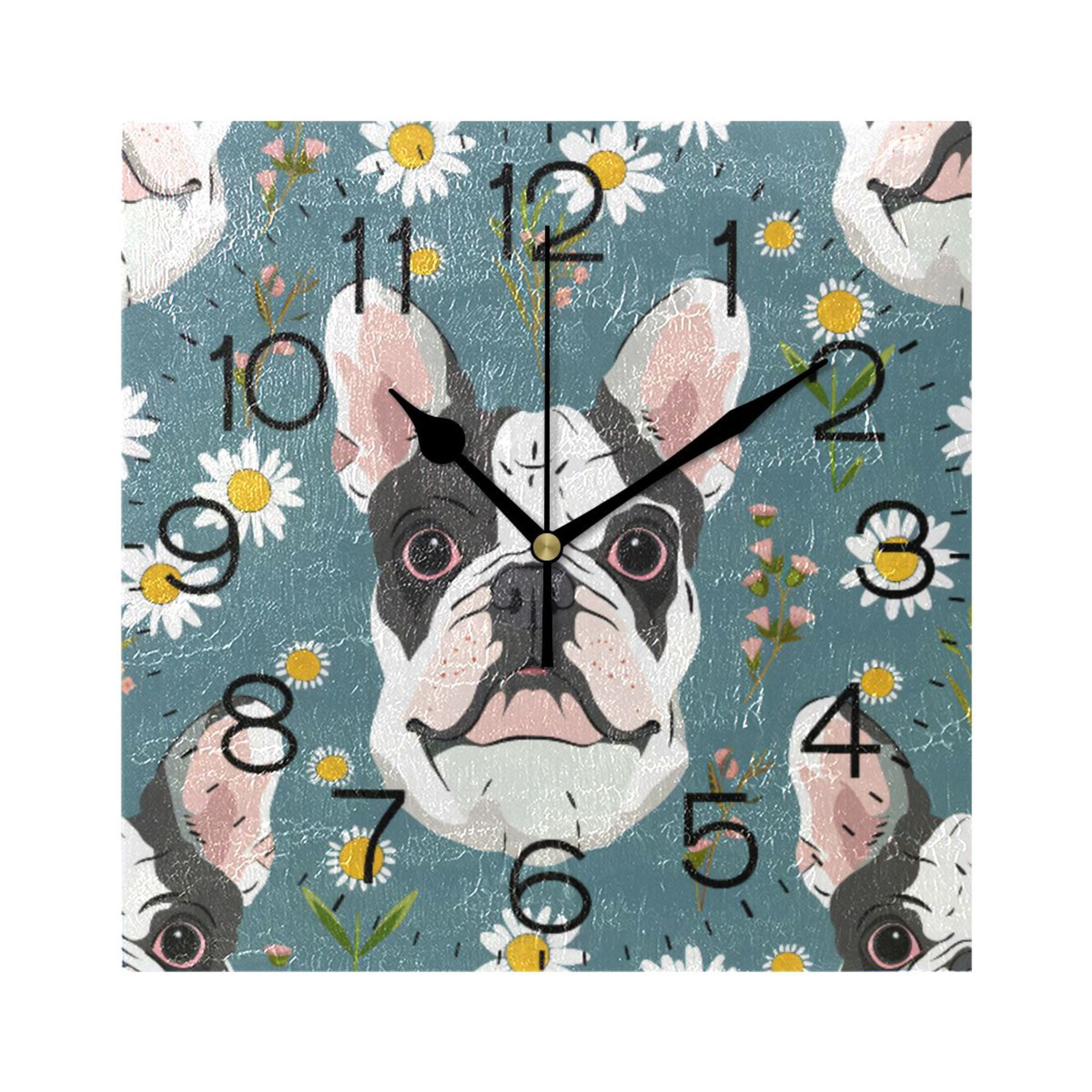 Bulldog Dog and Daisy Flower Wall Clock 7.78" Non-Ticking Silent ...