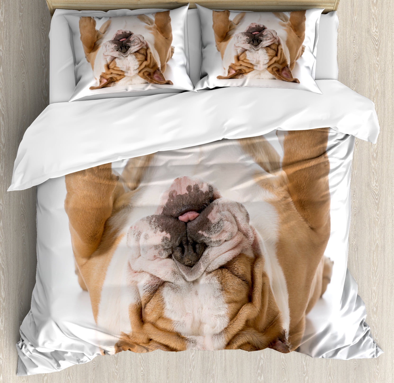 Bulldog Duvet Cover Set, English Dog Laying on His Back Sleeping Real ...
