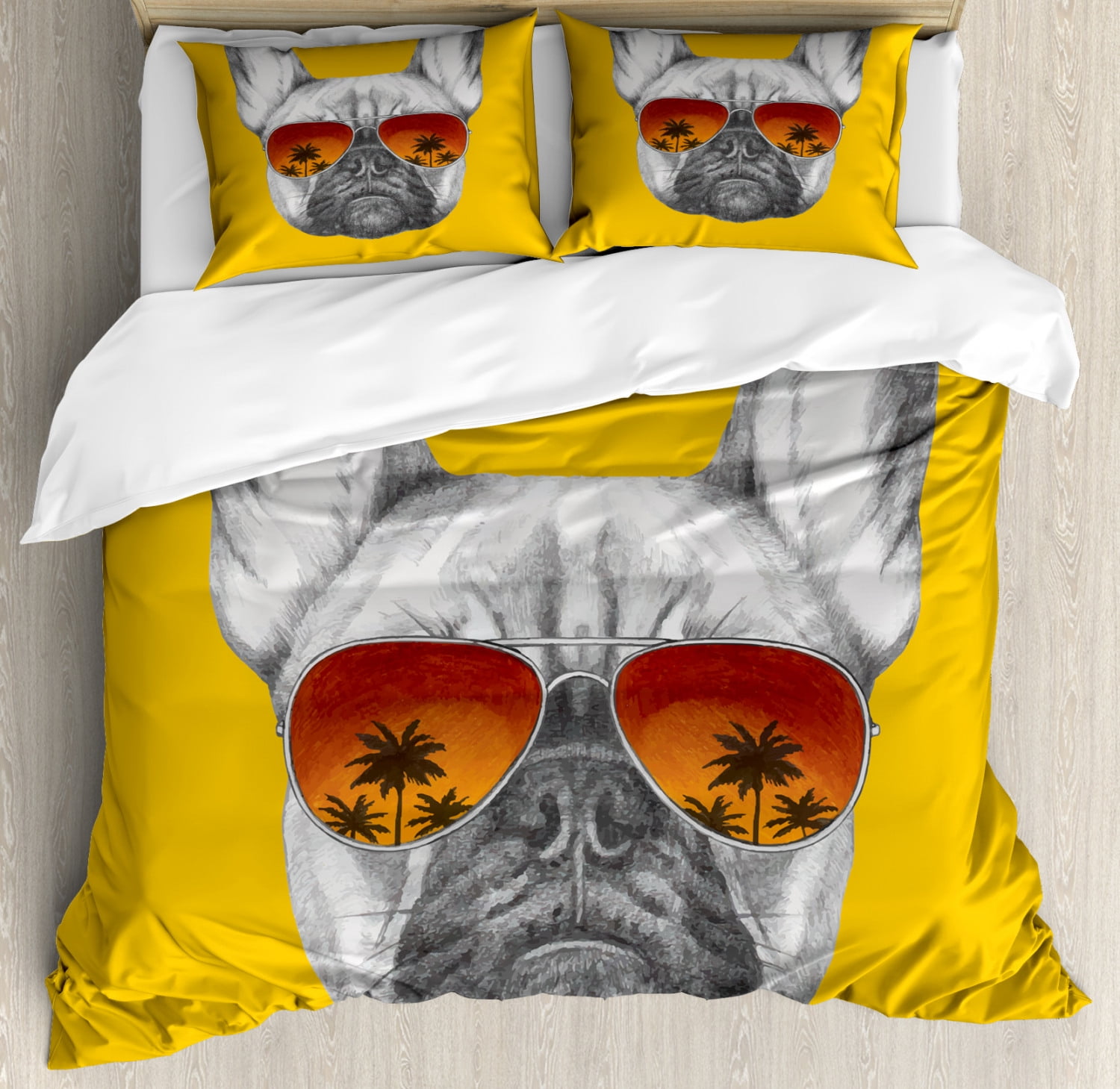 Bulldog Duvet Cover Set King Size, Hand Drawn Portrait of a Cool Pet in ...