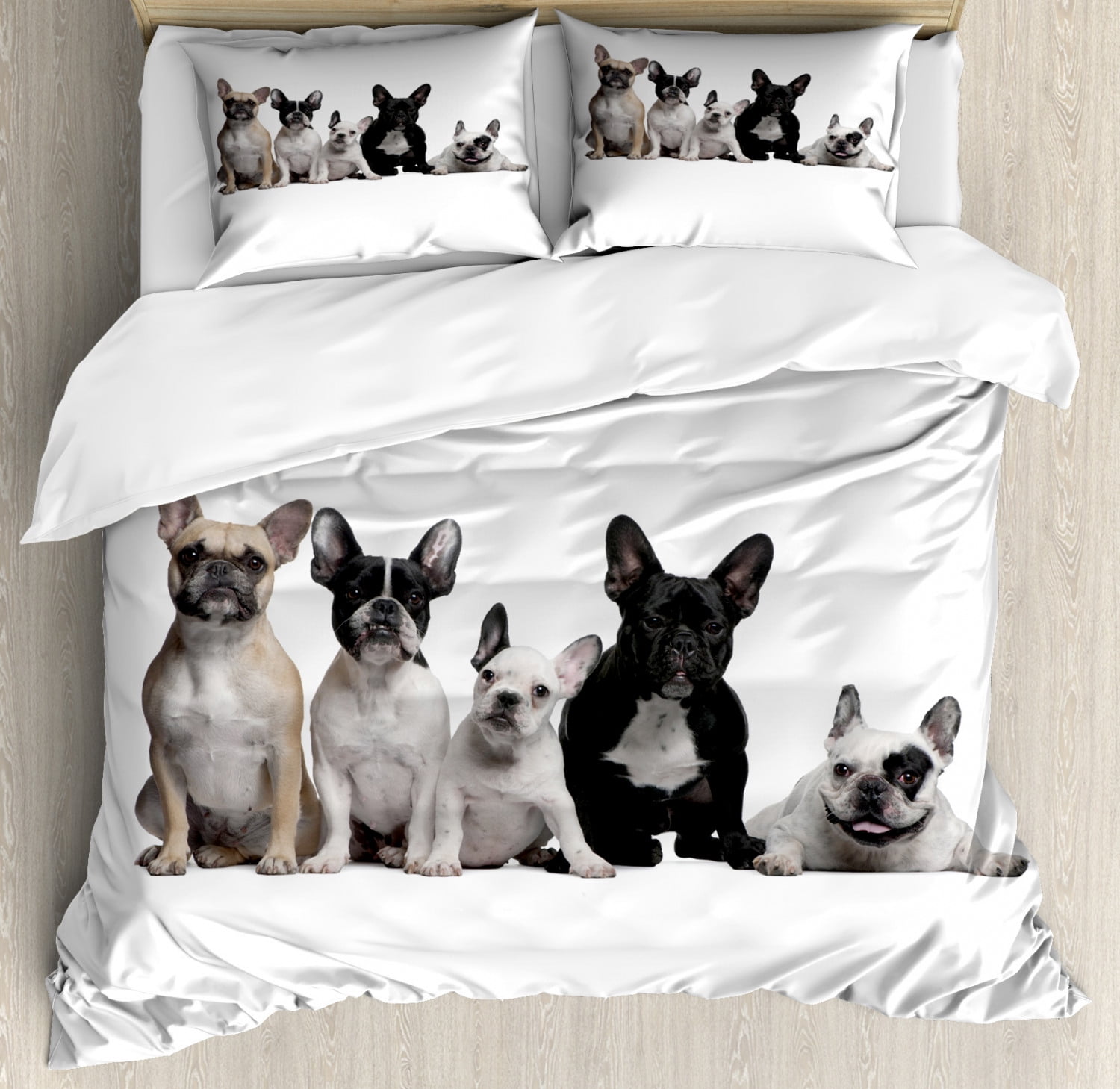 Bulldog Duvet Cover Set Queen Size, Group of Young French Bulldogs with ...