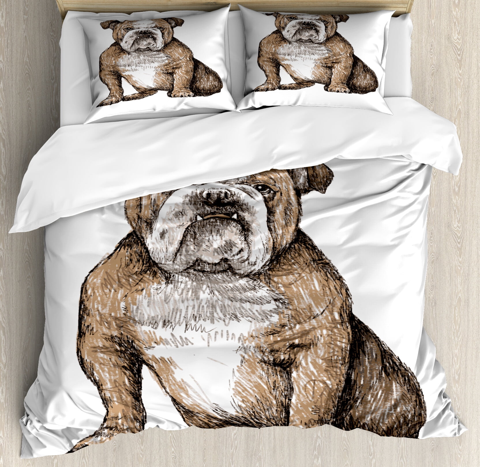 Bulldog Duvet Cover Set, Sketchy Hand Drawn Layout of a Grumpy-Looking ...