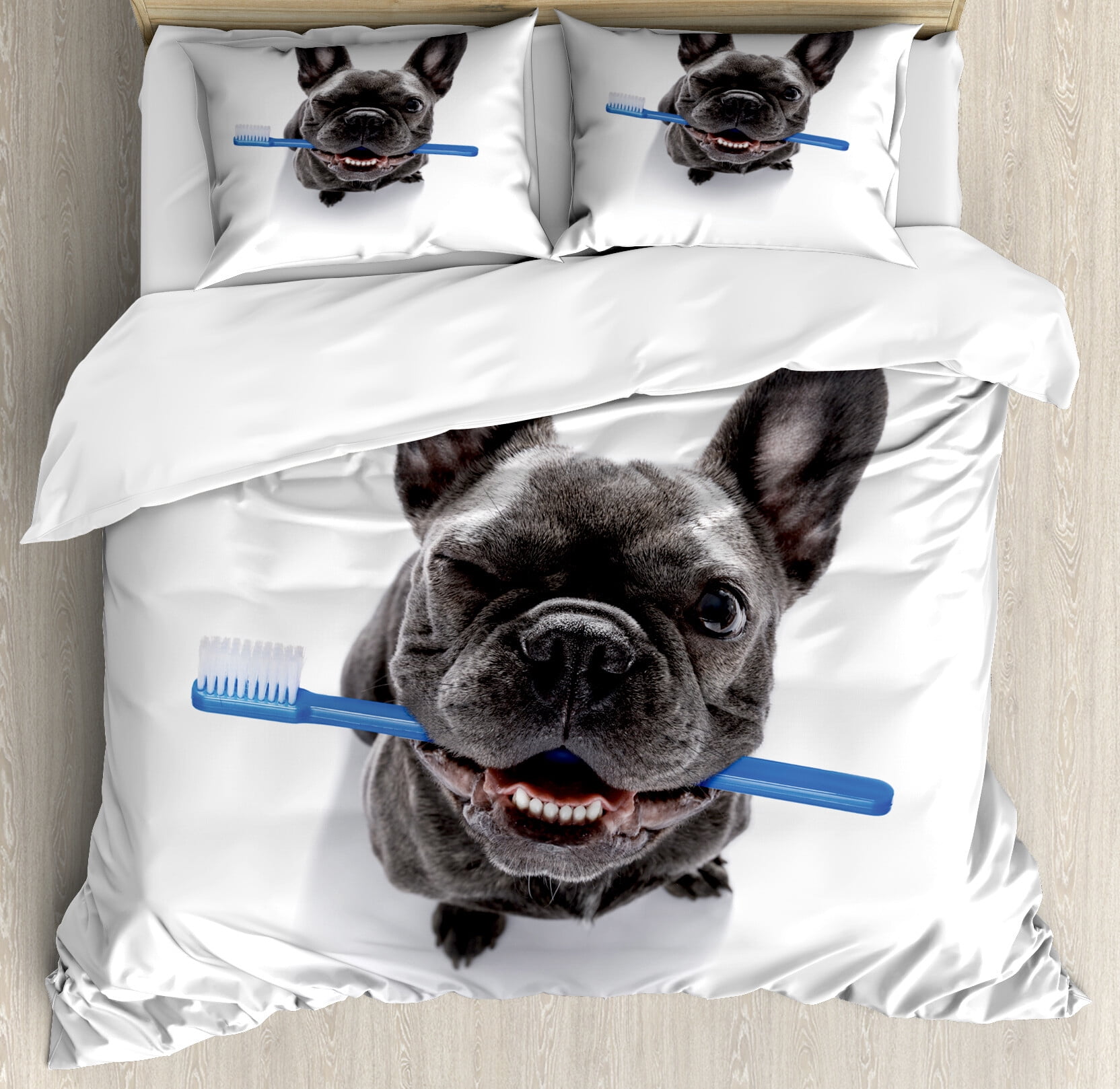 Bulldog Duvet Cover Set, Whimsical Illustration of a Dog Holding a ...