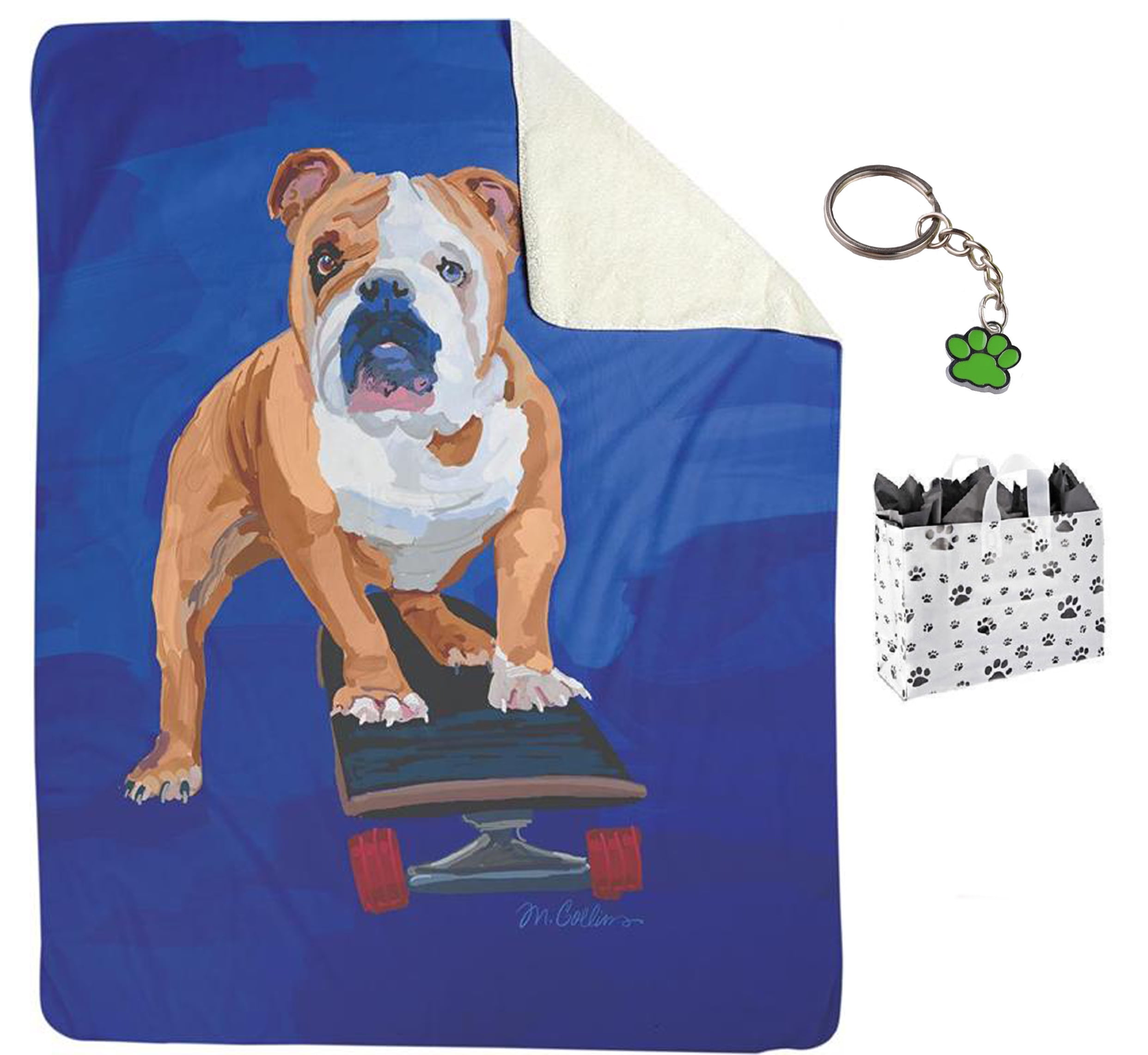Bulldog Fleece Throw Blanket 50" x 60" (Rodney), Paw Keychain, and Paw ...