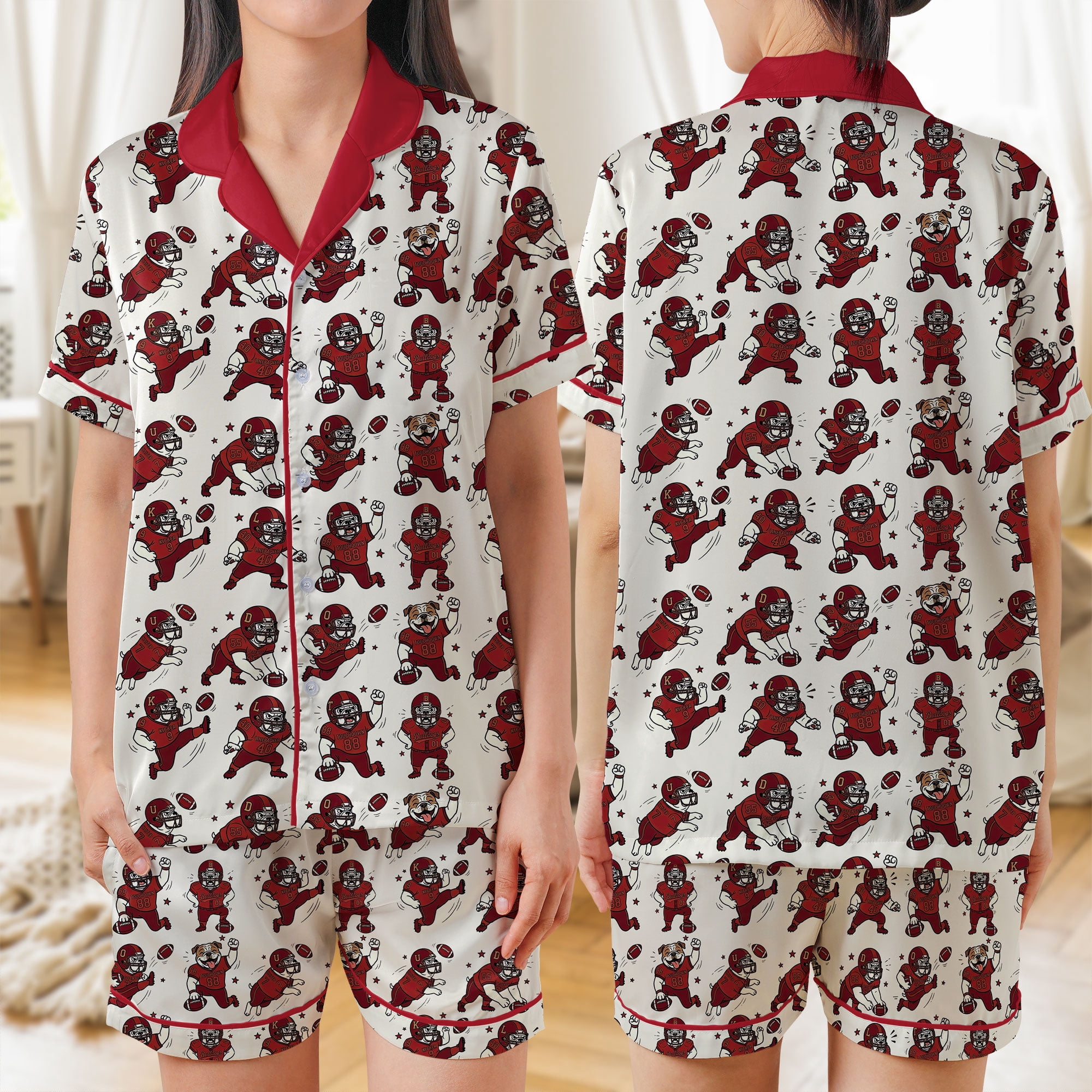 Bulldog Football Player All-Over Print Satin Short Sleeve Pajamas Set ...