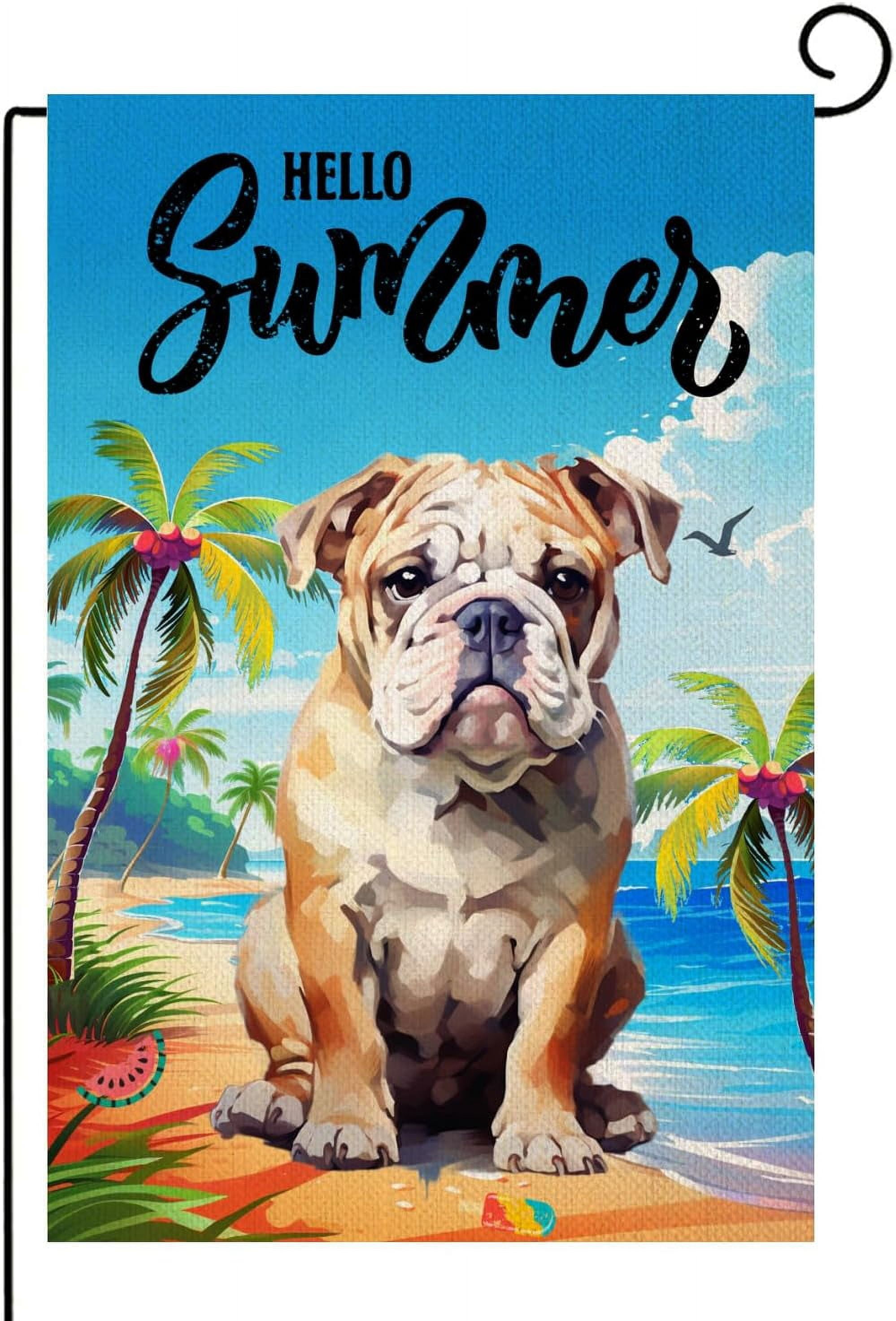 Bulldog Garden Flag Hello Summer Sea Beach Dogs Double Sided Outside ...