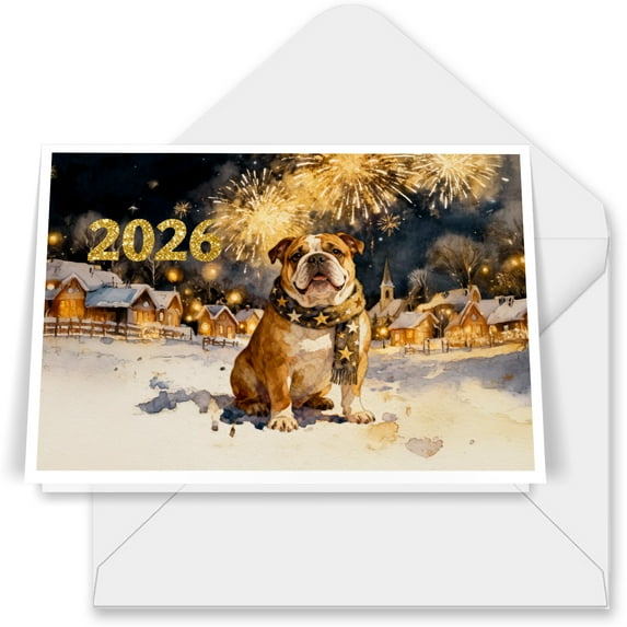 Bulldog Happy New Year 2026 with Fireworks on New Year's Eve 7x5in ...