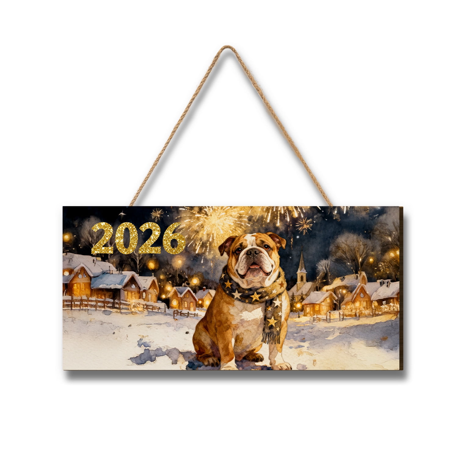 Bulldog Happy New Year 2026 with Fireworks on New Year's Eve Landscape ...