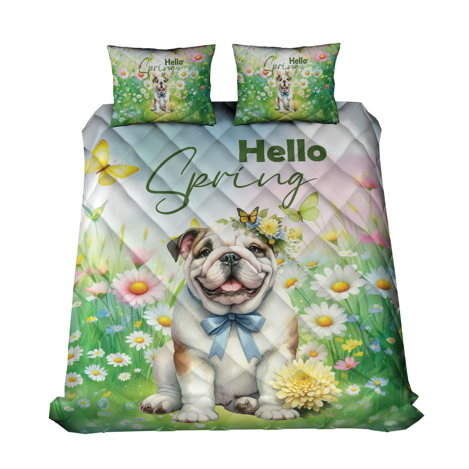 Bulldog Hello Spring Time Flower Floral Nature Quilt Bedding Set Dog ...