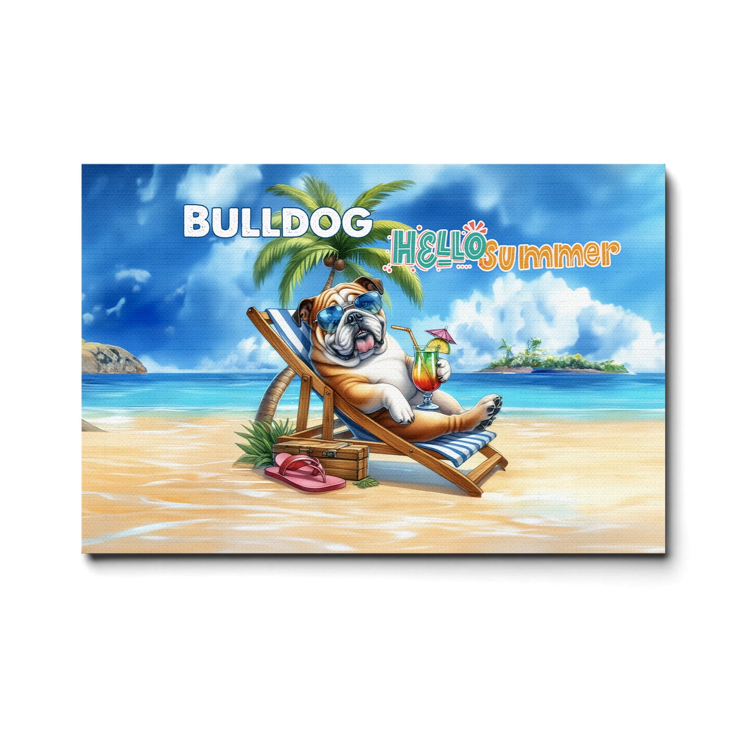 Bulldog Hello Summer Beach Theme with Sunglasses and Tropical Cocktail ...