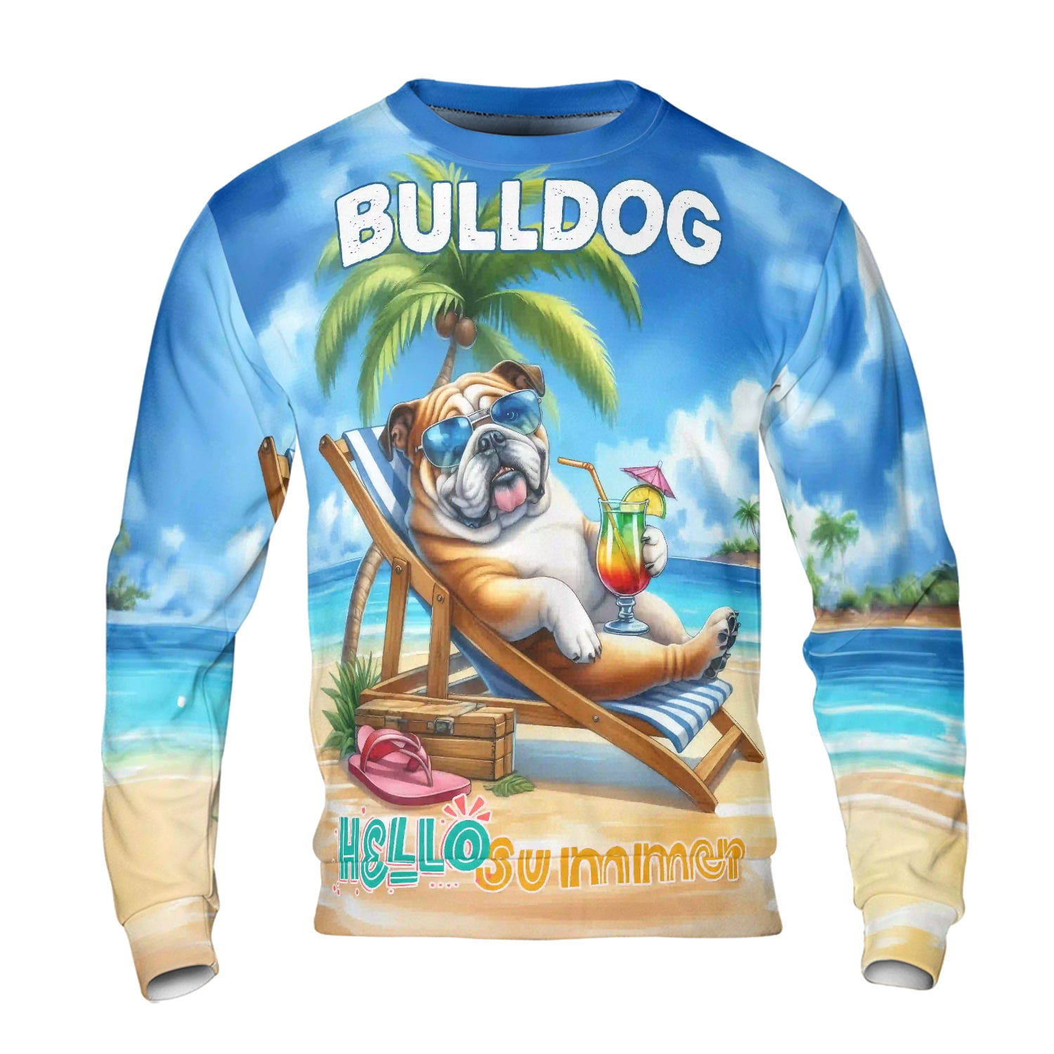 Bulldog Hello Summer Beach Theme with Sunglasses and Tropical Cocktail ...