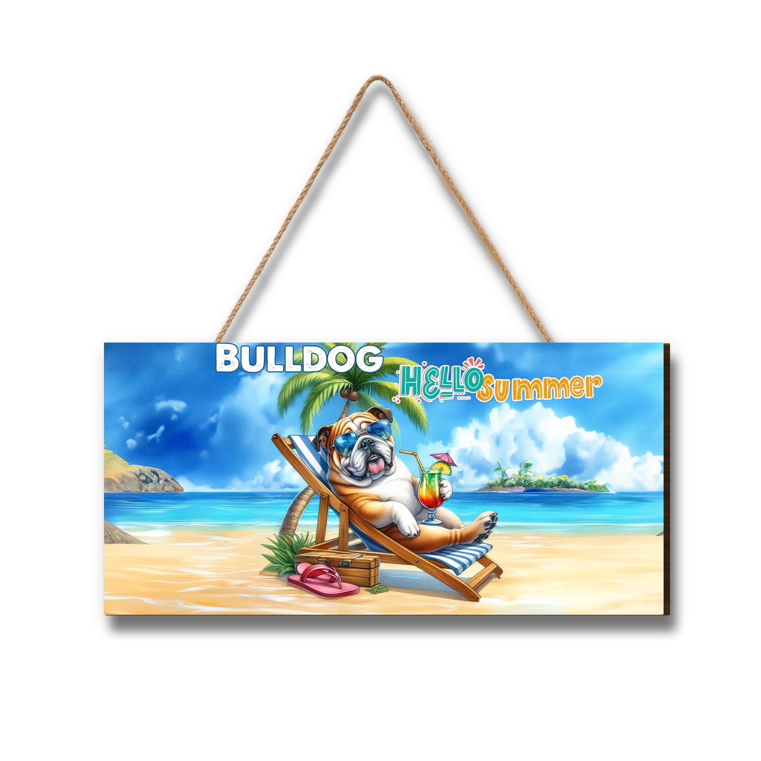 Bulldog Hello Summer Beach Theme with Sunglasses and Tropical Cocktail ...