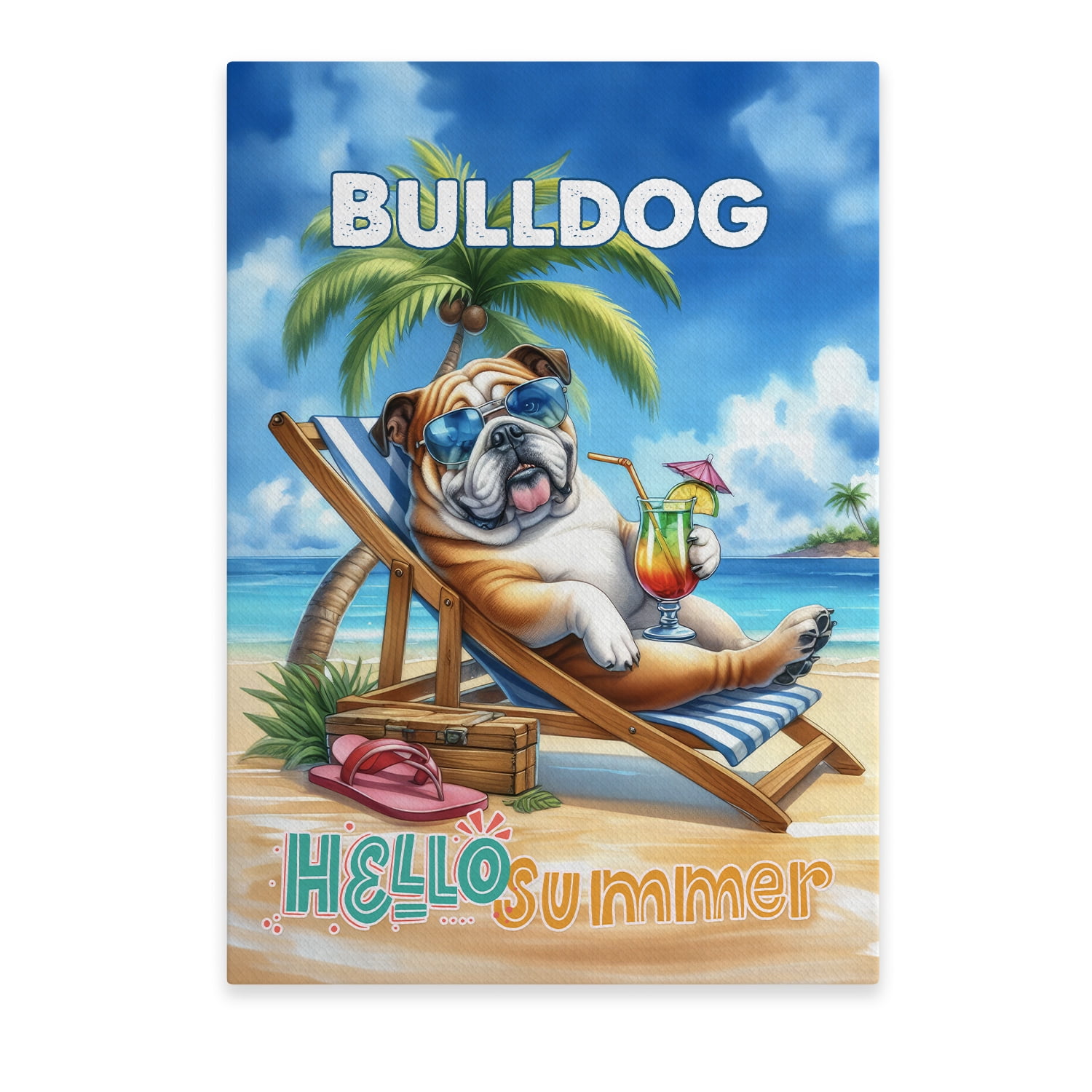 Bulldog Hello Summer Beach Theme with Sunglasses and Tropical Cocktail ...