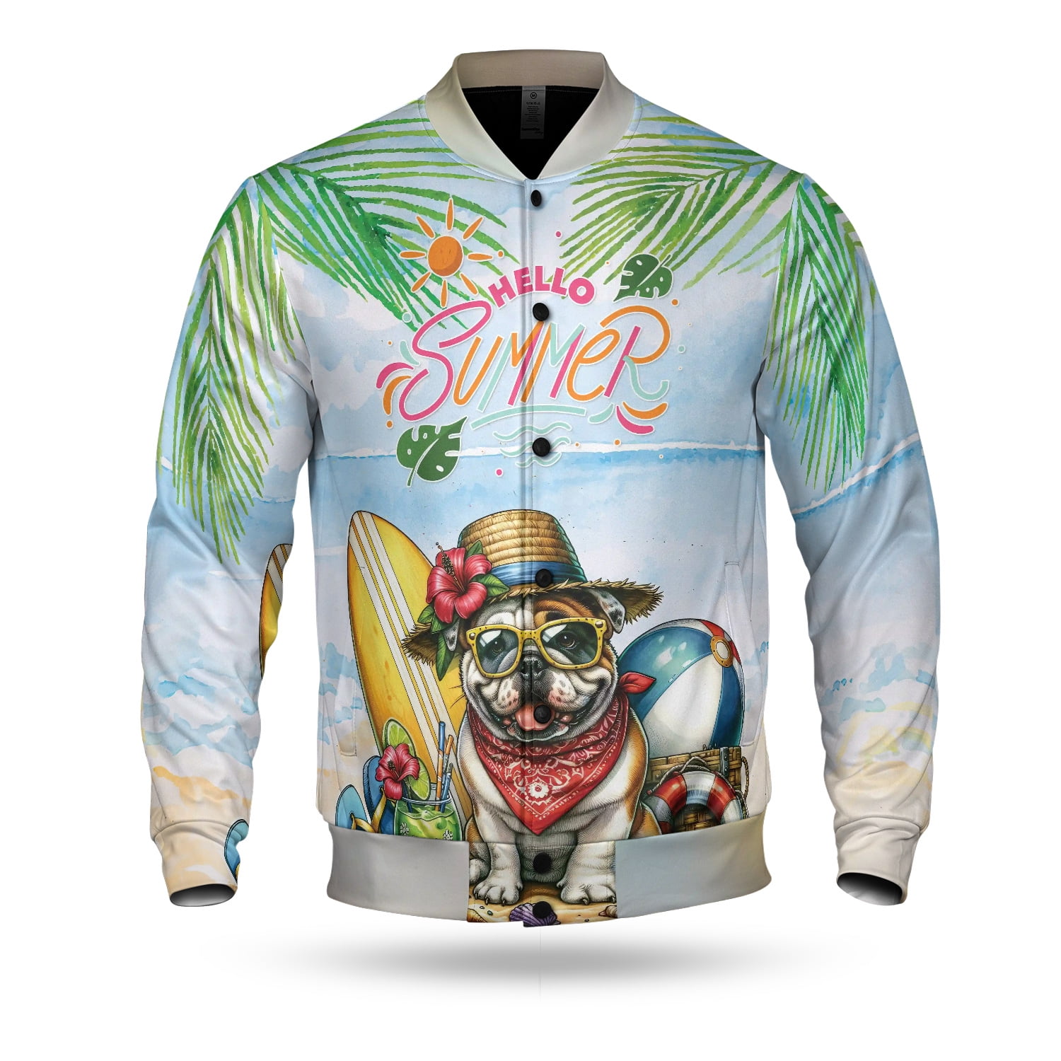 Bulldog Hello Summer with Sunglasses and Surfboard Tropical Vibes All ...