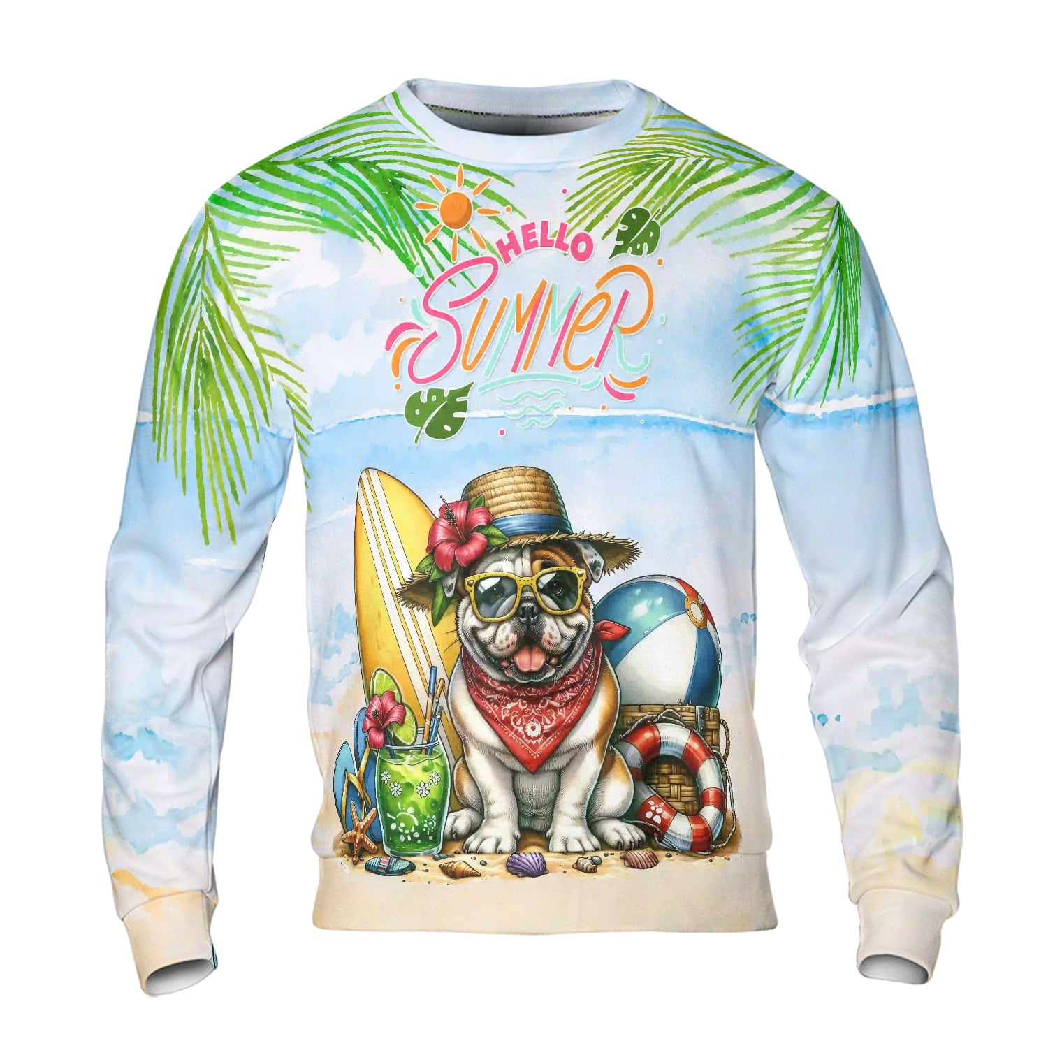 Bulldog Hello Summer with Sunglasses and Surfboard Tropical Vibes All ...