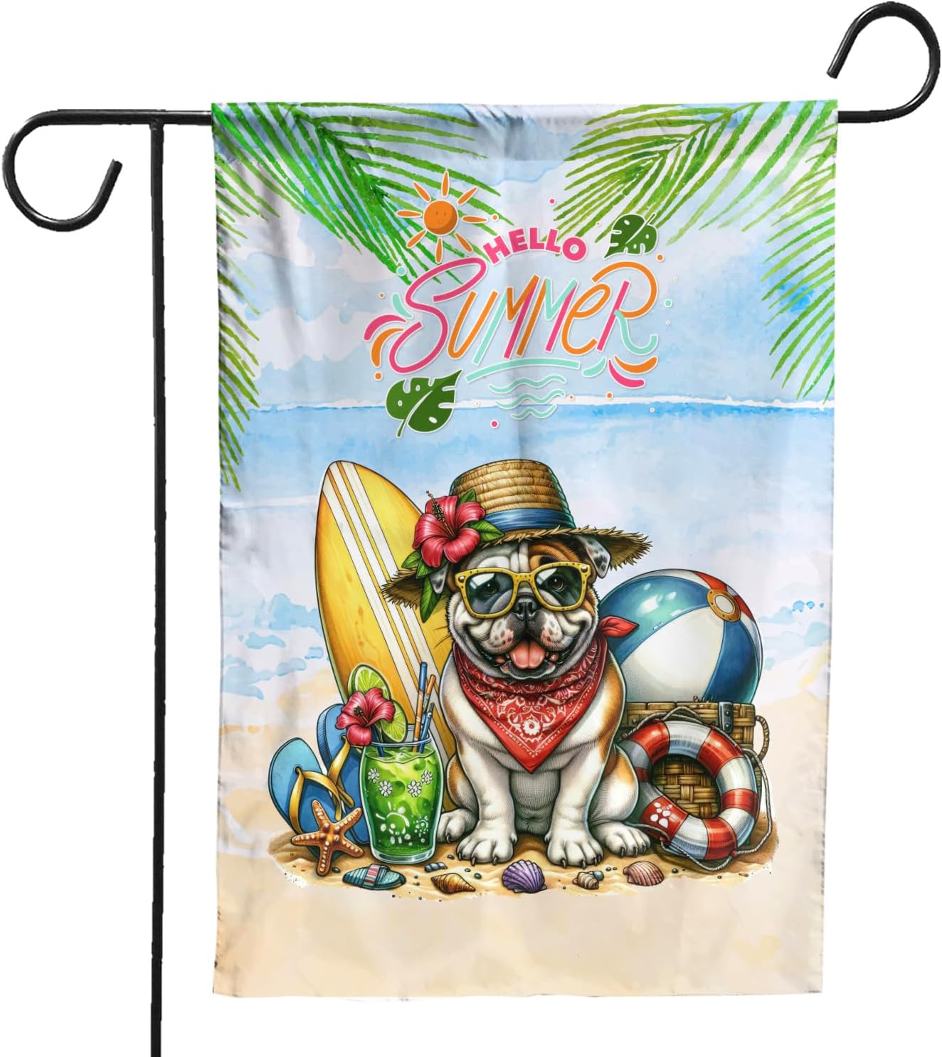 Bulldog Hello Summer with Sunglasses and Surfboard Tropical Vibes ...