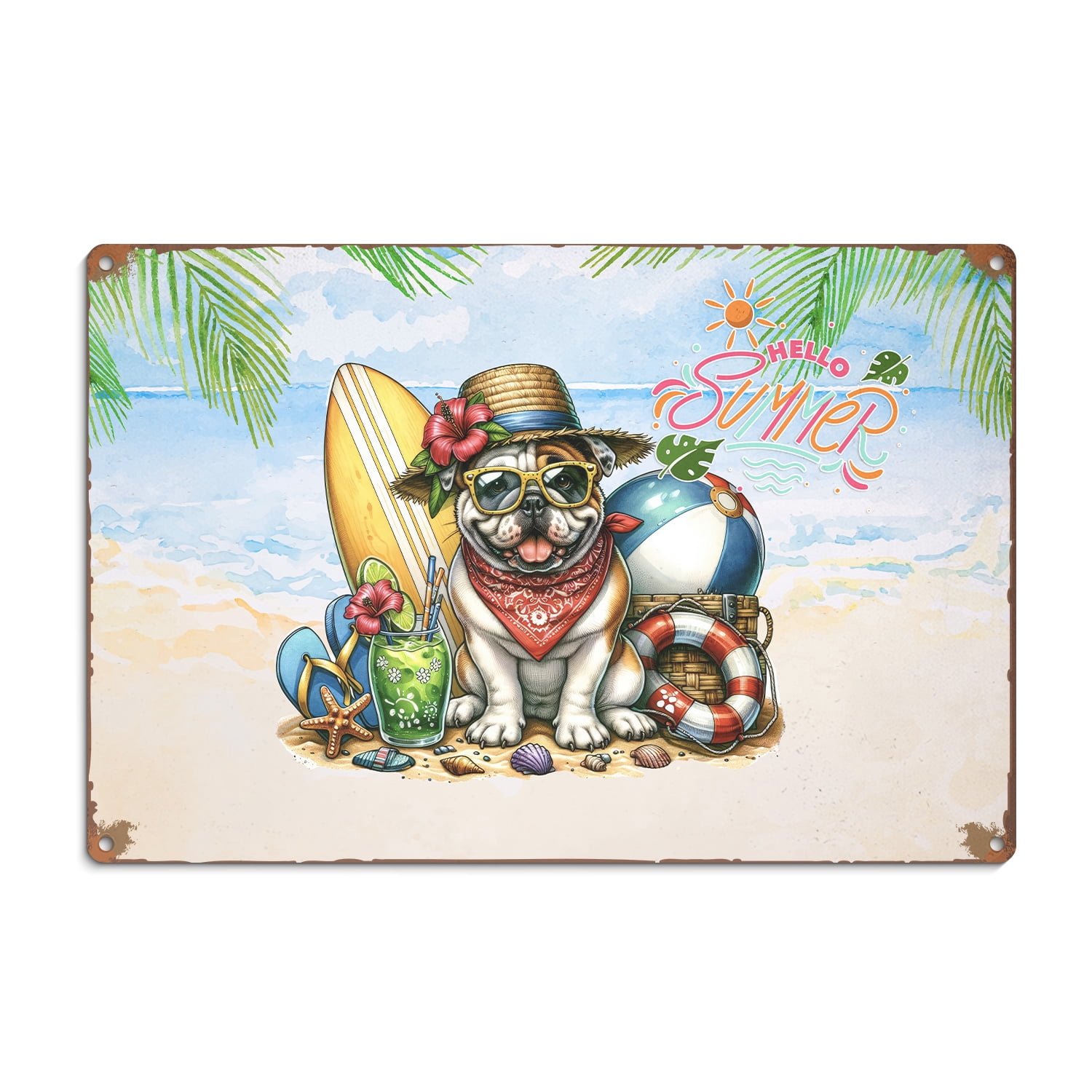 Bulldog Hello Summer with Sunglasses and Surfboard Tropical Vibes ...